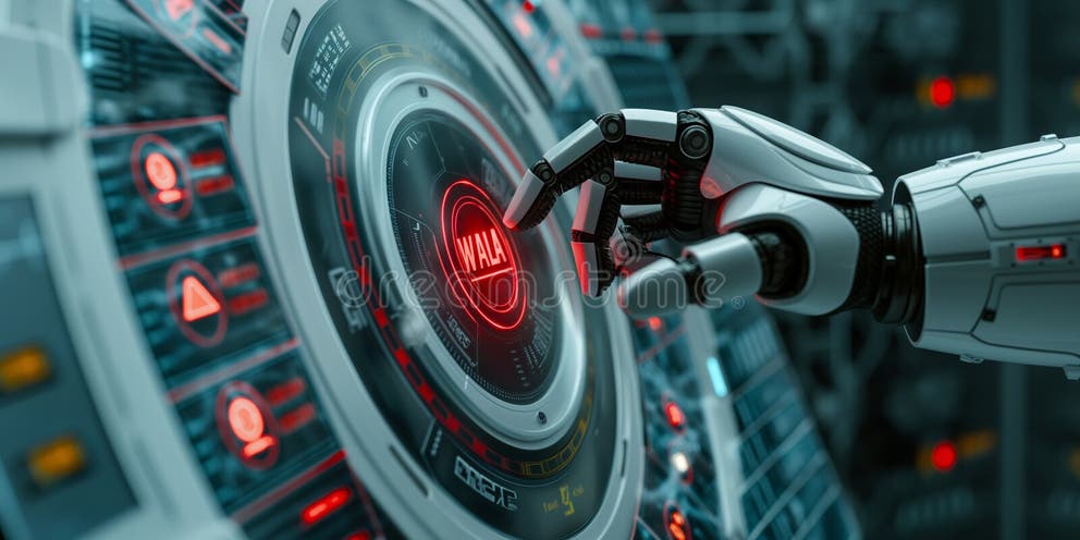 Robot Hand Pressing on Red Button Stock Illustration - Illustration of ...