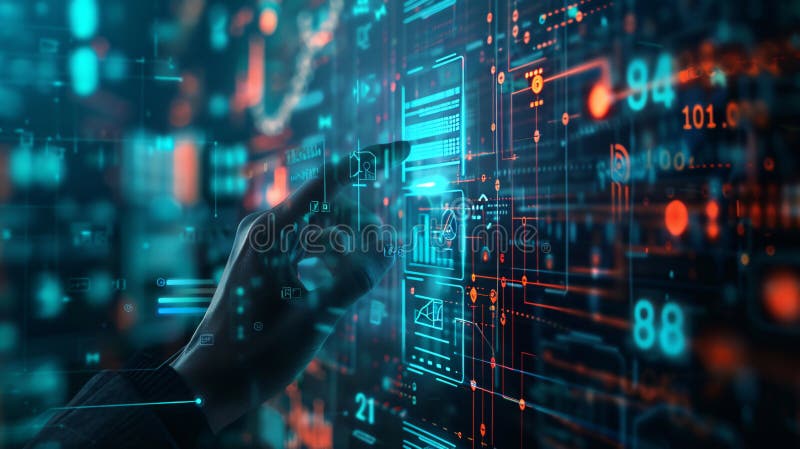 Robot Hand Pressing on Virtual Digital Screen Hologram Interface Binary Code Stock Illustration ...