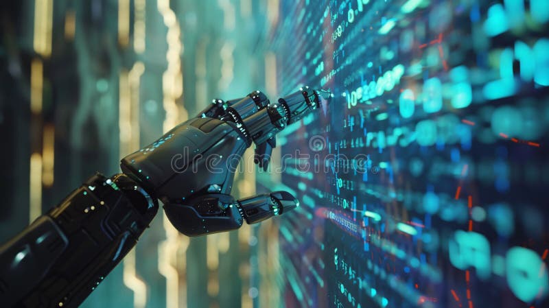 Robot Hand Pressing on Virtual Digital Screen Hologram Interface Binary Code Stock Illustration ...