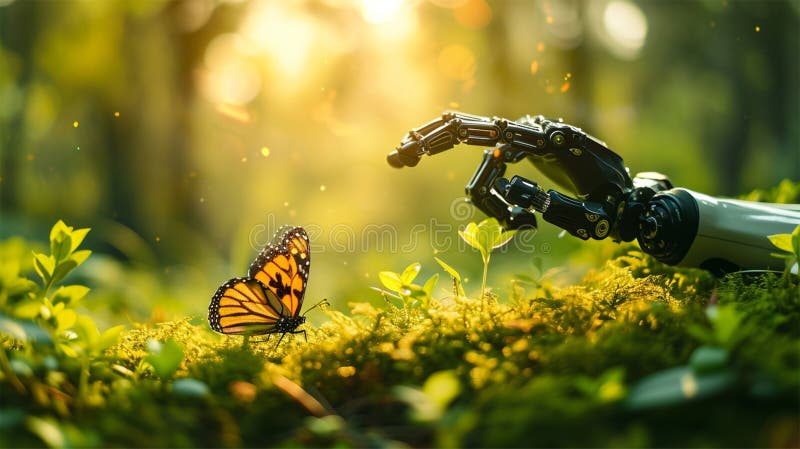Robot Hand and Reaching for a Butterfly on the Grass Stock Image ...