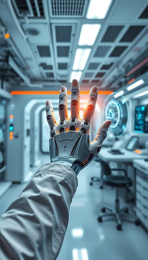 Robot Hand Reaching in Futuristic Lab with Glowing Interface Concept ...