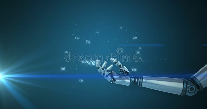 Robot Hand Reaching Out, Numbers Floating in Blue Background Stock ...