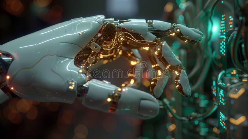 Robot Hand Reaching Out To Computer Screen Stock Illustration ...