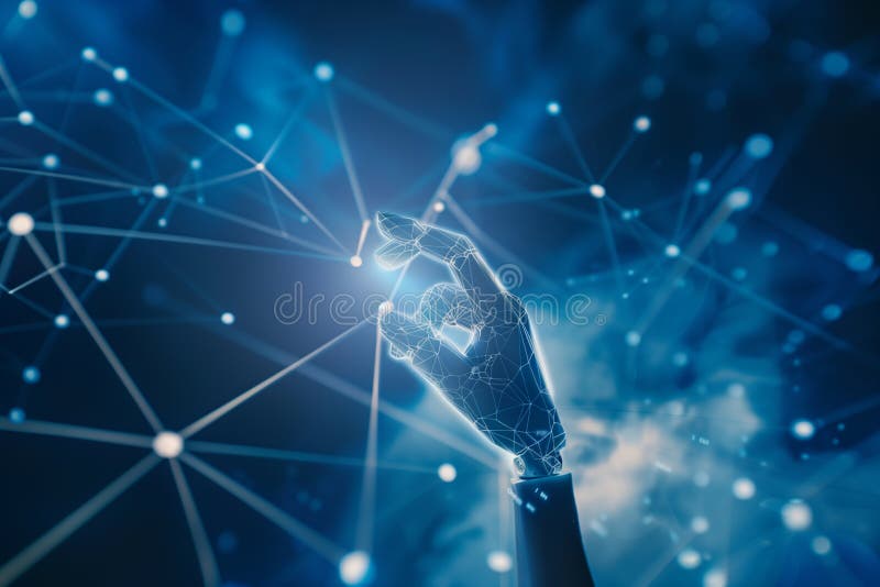 Robot Hand Reaching Towards a Glowing Digital Interface. Stock ...