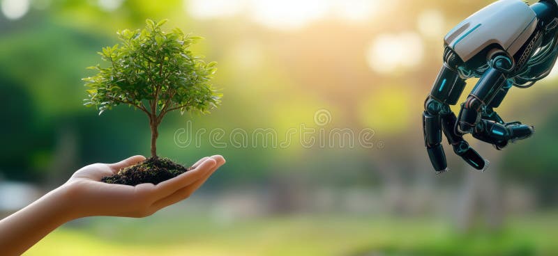 Robot Hand Holding Tree Symbolizing Technology Nature Harmony Stock ...