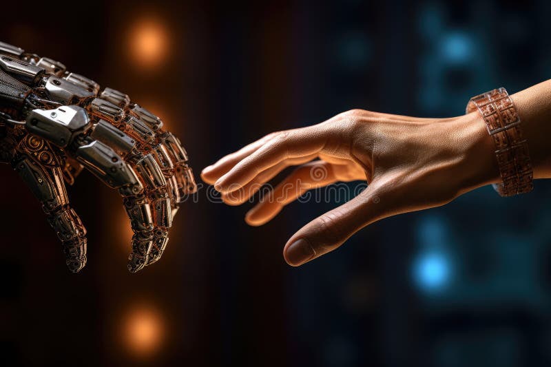 Robot Hand Reaching Up To a Light Brown Human Hand Generative AI Stock ...