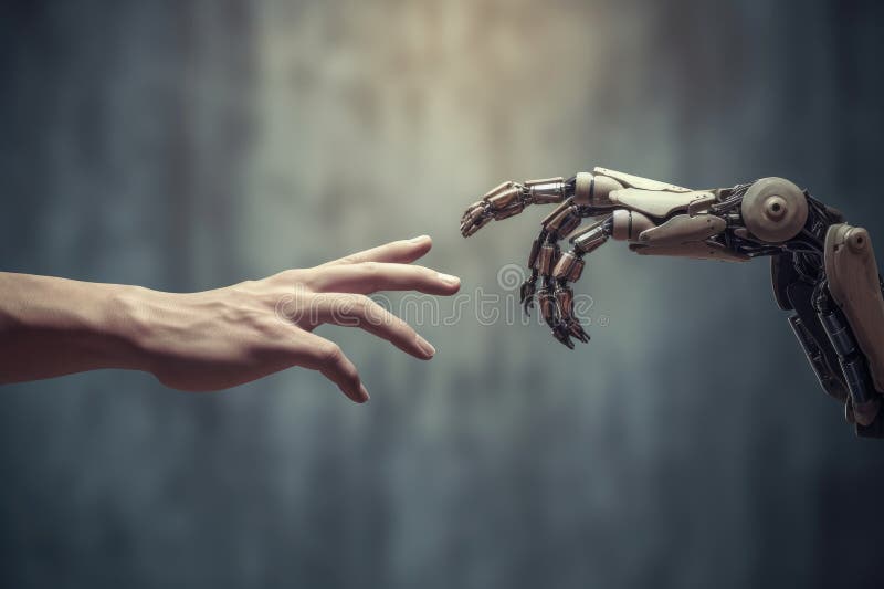 Robot Hand Reaching Up To a Light Brown Human Hand Generative AI Stock ...