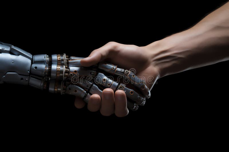 Robot Hand Shaking Human Hand Isolated on Black Background Stock ...