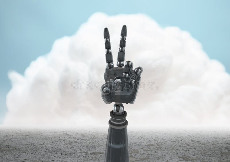 Robot Hand Showing Peace Sign Against Cloudy Sky in Background Stock ...