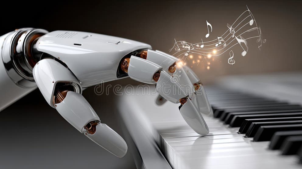 A Robot Hand Skillfully Plays a Piano, Surrounded by Floating Musical ...