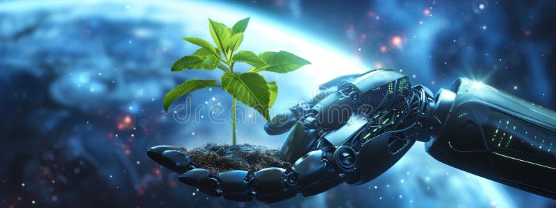 Robot Hand in Space Holding a Seedling Close-up Stock Photo - Image of ...