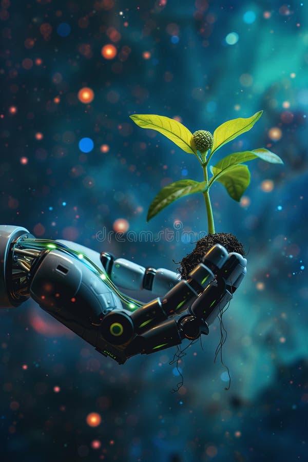 Robot Hand in Space Holding a Seedling Close-up Stock Photo - Image of ...