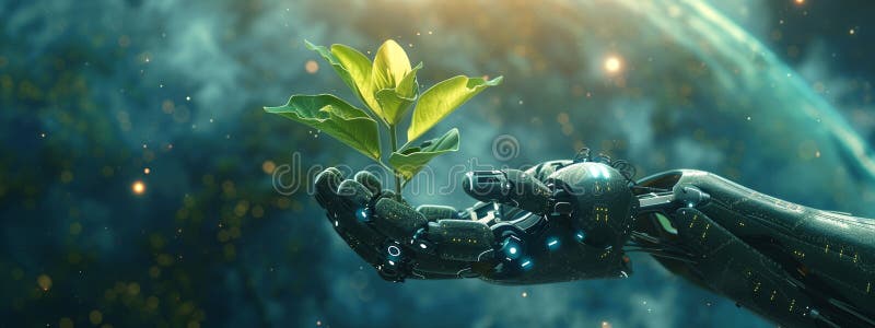 Robot Hand in Space Holding a Seedling Close-up Stock Photo - Image of ...