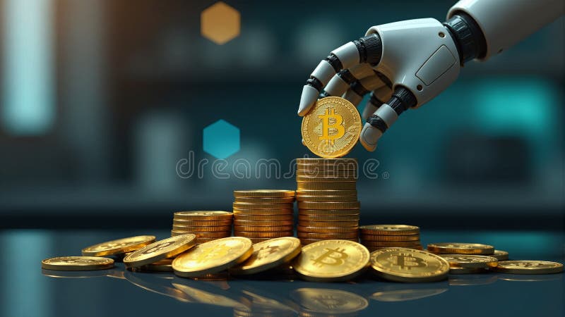 Robot Hand Stacking Gold Bitcoin Coins Stock Illustration ...
