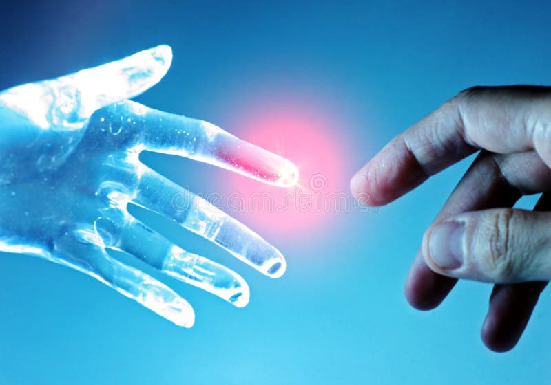 Robot Hand Touch Human Hand Stock Photo - Image of finger, blue: 92555320