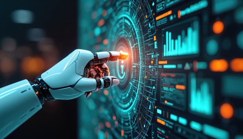 Robot Hand Touches Virtual Screen. Big Data Connection Tech, AI Machine ...