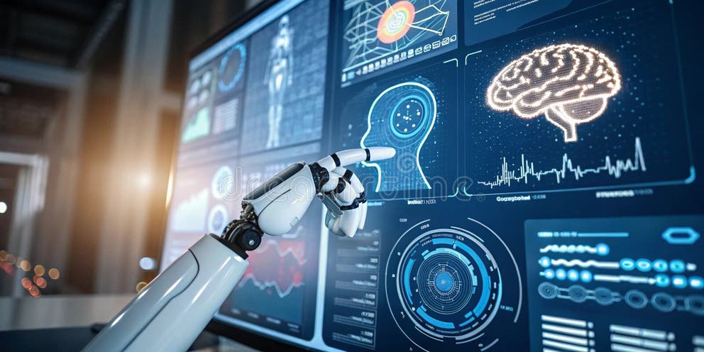 Robot Hand Touching Binary Data Representing Machine Learning and AI Stock Illustration ...