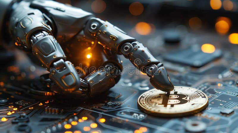Robot Hand Touching Bitcoin on Circuit Board Stock Illustration ...