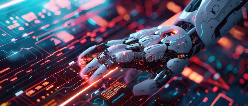 A Robot Hand is Touching a Futuristic Computer Interface Stock Image ...