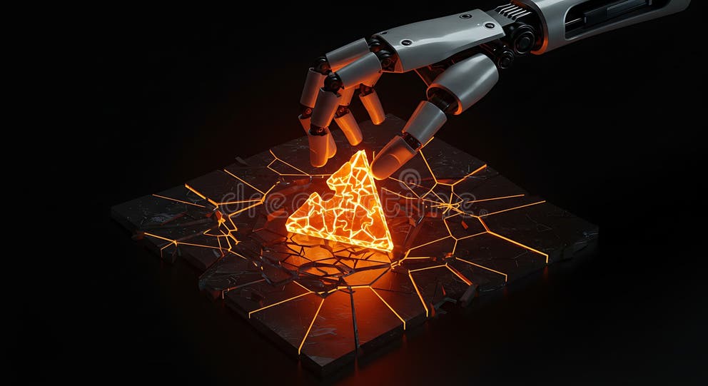 Robot Hand Touching Glowing Triangle Over Cracked Ground with Orange ...