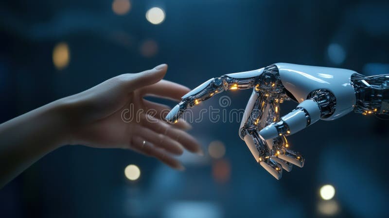 Robot Hand Touching Human Hand Stock Illustration - Illustration of ...
