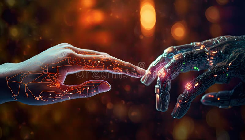Robot Hand Touching Human Hand on Abstract Dark Background 3D Rendering ...