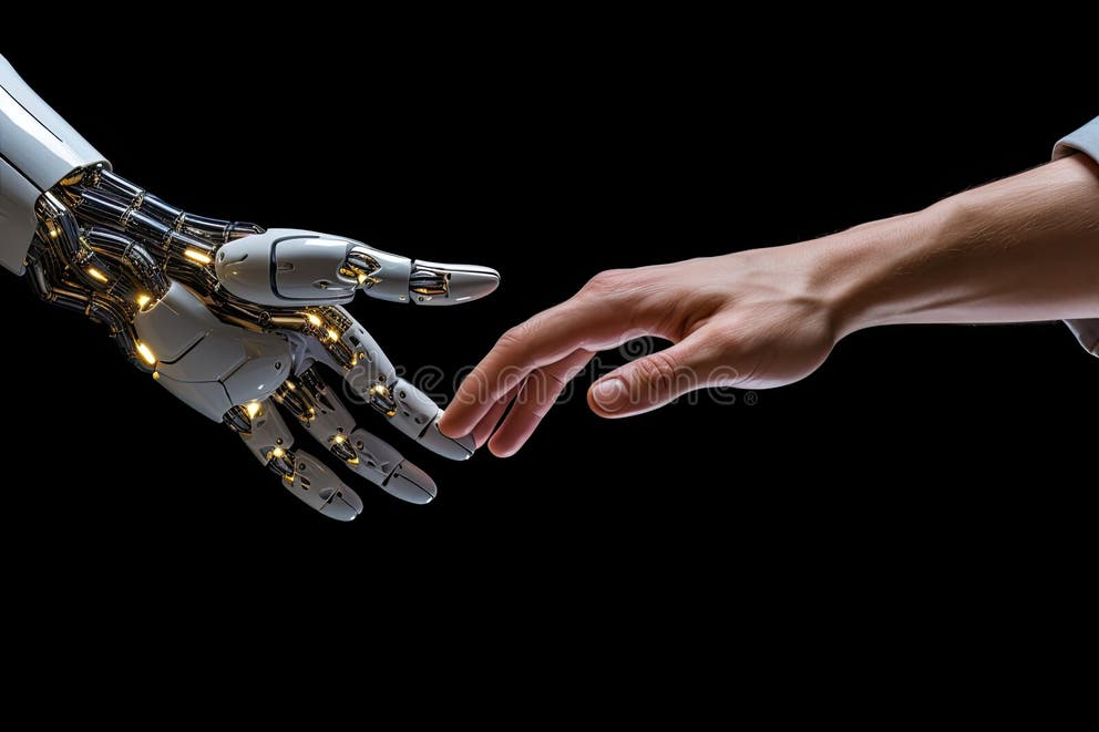 Robot Hand Touching Human Hand on Black Background, White Cyborg Hand ...