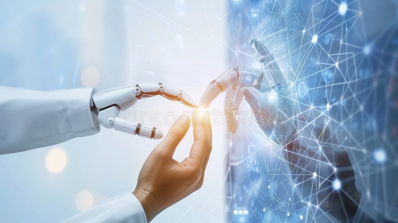 A Robot Hand is Touching a Human Hand on a Computer Screen Generated by ...