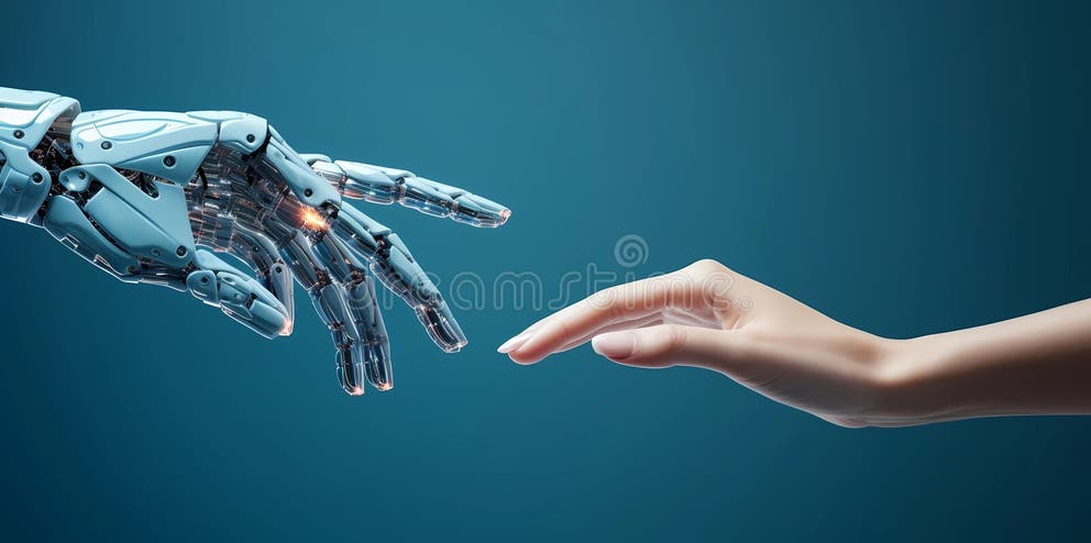 Robot Hand Touching Human Hand on Dark Blue Background 3D Rendering ...