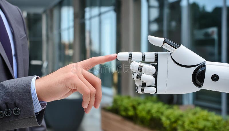 A Robot Hand is Touching a Human Hand Stock Illustration - Illustration ...