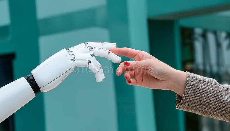 A Robot Hand is Touching a Human Hand Stock Illustration - Illustration ...