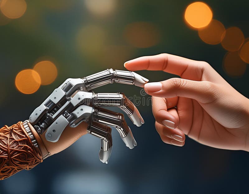 A Robot Hand is Touching a Human Hand Stock Illustration - Illustration ...