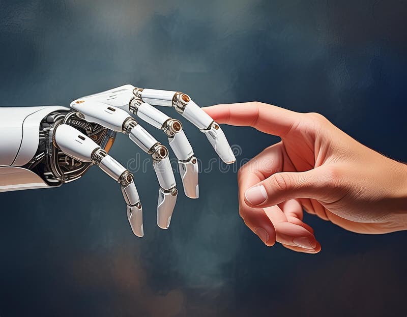 A Robot Hand is Touching a Human Hand Stock Illustration - Illustration ...
