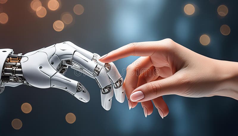 A Robot Hand is Touching a Human Hand Stock Illustration - Illustration ...