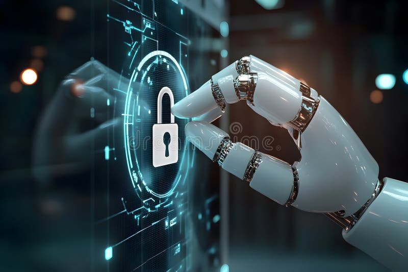 A Robot Hand Touching a Padlock on a Transparent Screen Stock Photo ...