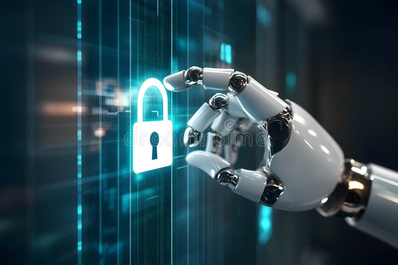 A Robot Hand Touching a Padlock on a Transparent Screen Stock Photo ...