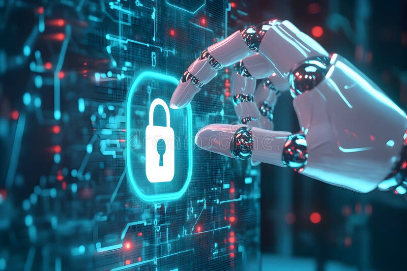 A Robot Hand Touching a Padlock on a Transparent Screen Stock Image ...