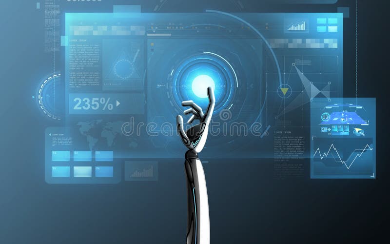 Robot Hand Touching Virtual Screen Over Blue Stock Illustration ...