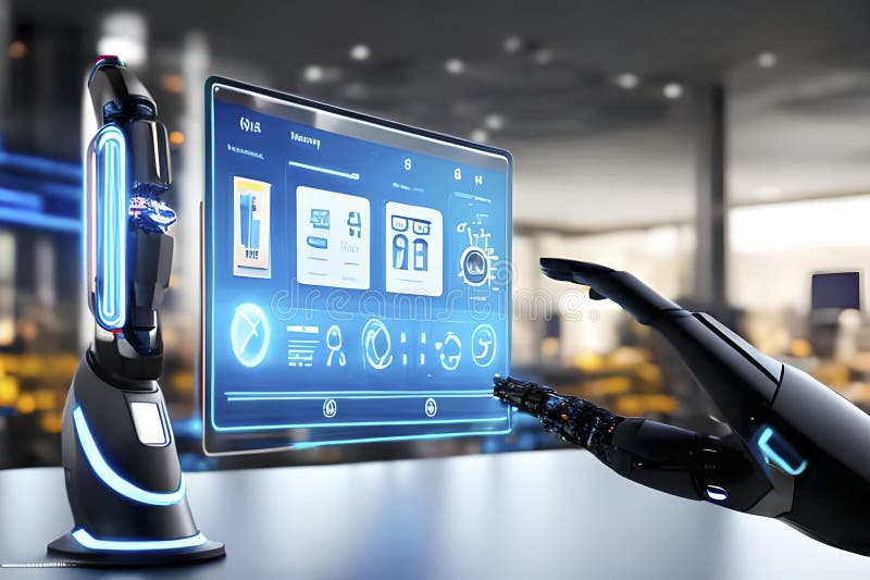 Robot Hand on Touchscreen Panel Stock Illustration - Illustration of ...