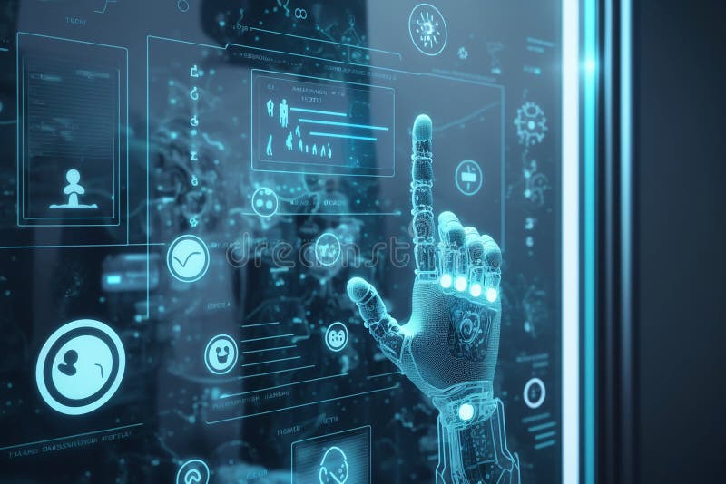 Robot Hand on Touchscreen Panel Stock Illustration - Illustration of ...