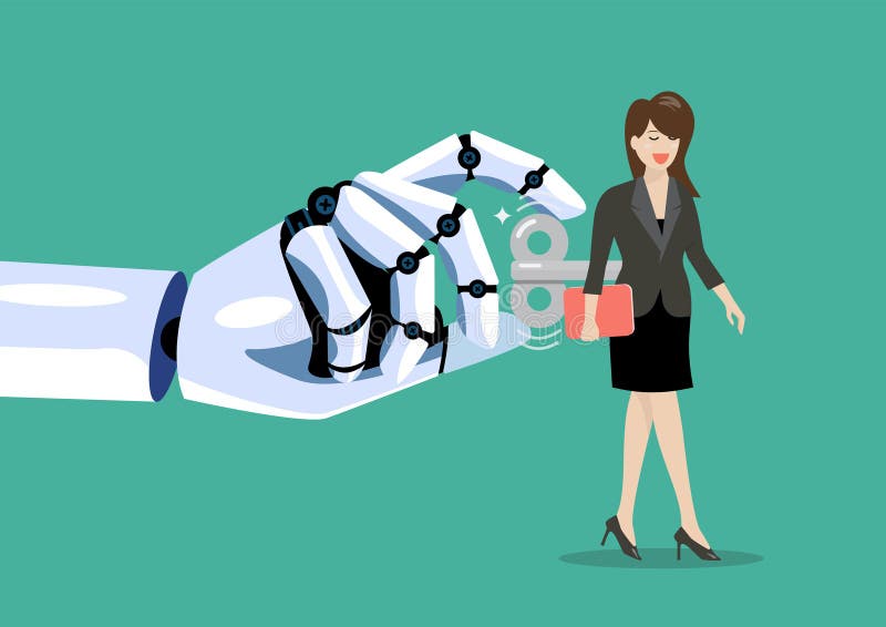 Robot Hand Turns On Business Woman With Wind Up Key In Her Back Stock