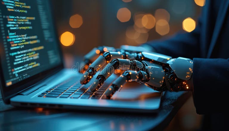 Robot Hand Types on Laptop Keyboard. Artificial Intelligence ...