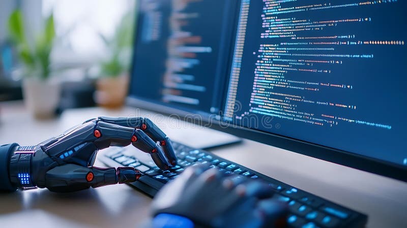Robot Hand Typing on Computer Keyboard with Coding on Screen Stock Illustration - Illustration ...