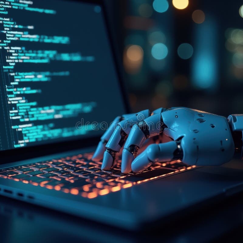 Robot Hand Typing on Keyboard with Glowing Code Lines, Futuristic Digital Background Stock ...