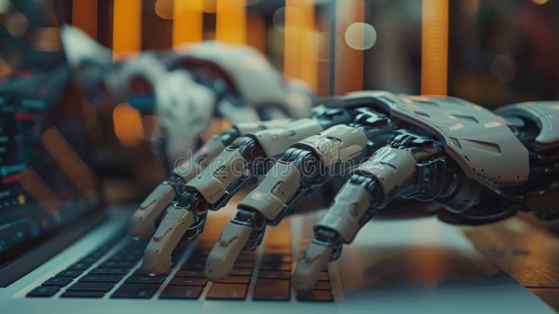 Robot Hand Typing on Laptop in High-Tech Environment Stock Illustration ...