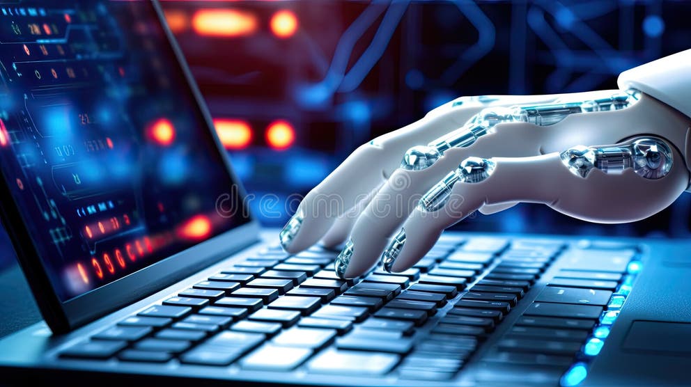 Robot Hand Typing or Pressing Button on Laptop Keyboard. Cyborg ...