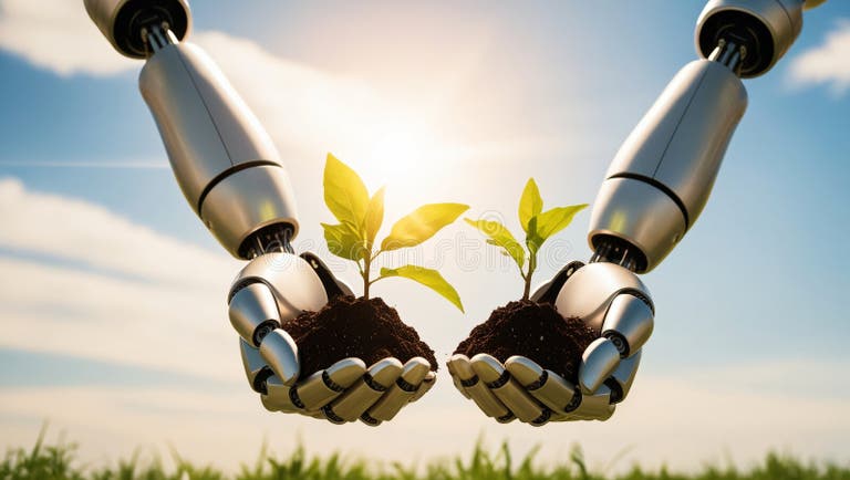 A Robot Hand is Watering the Growing Tree in a Forest Stock ...