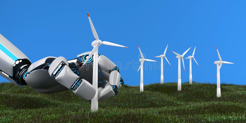 Robot Hand Wind Turbine Wind Farm Stock Illustration - Illustration of ...