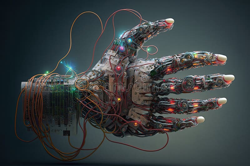 Robot Hand, with Wires and Circuits Visible, Assembling Circuit Board ...