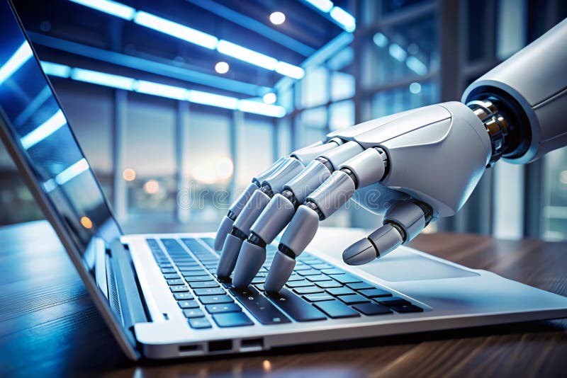 Robot Hand Working on Laptop To Checking Correct Data by Using Stock ...